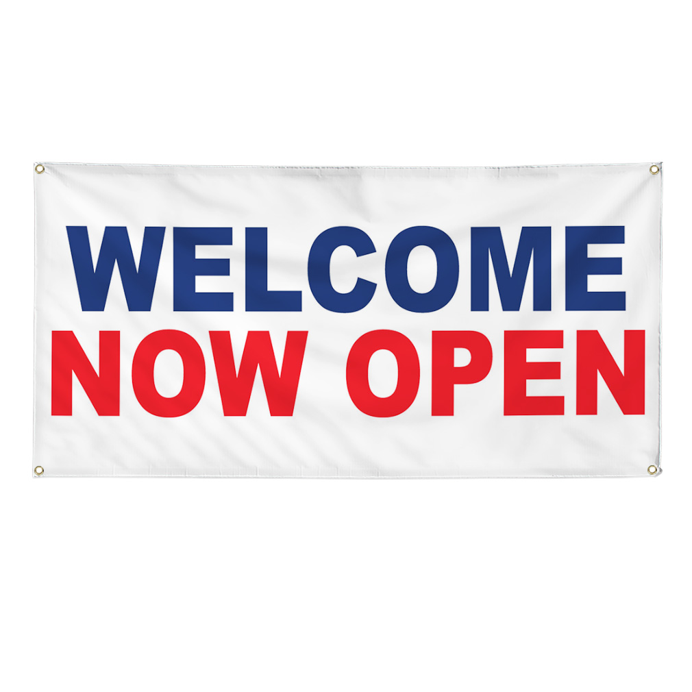 Vinyl Banner Multiple Sizes Welcome Now Open Blue Red Business Now Open ...